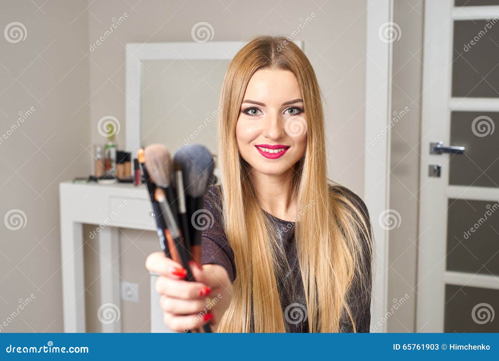 Reflection of Young Beautiful Woman Applying Her Make-up Stock Image ...
