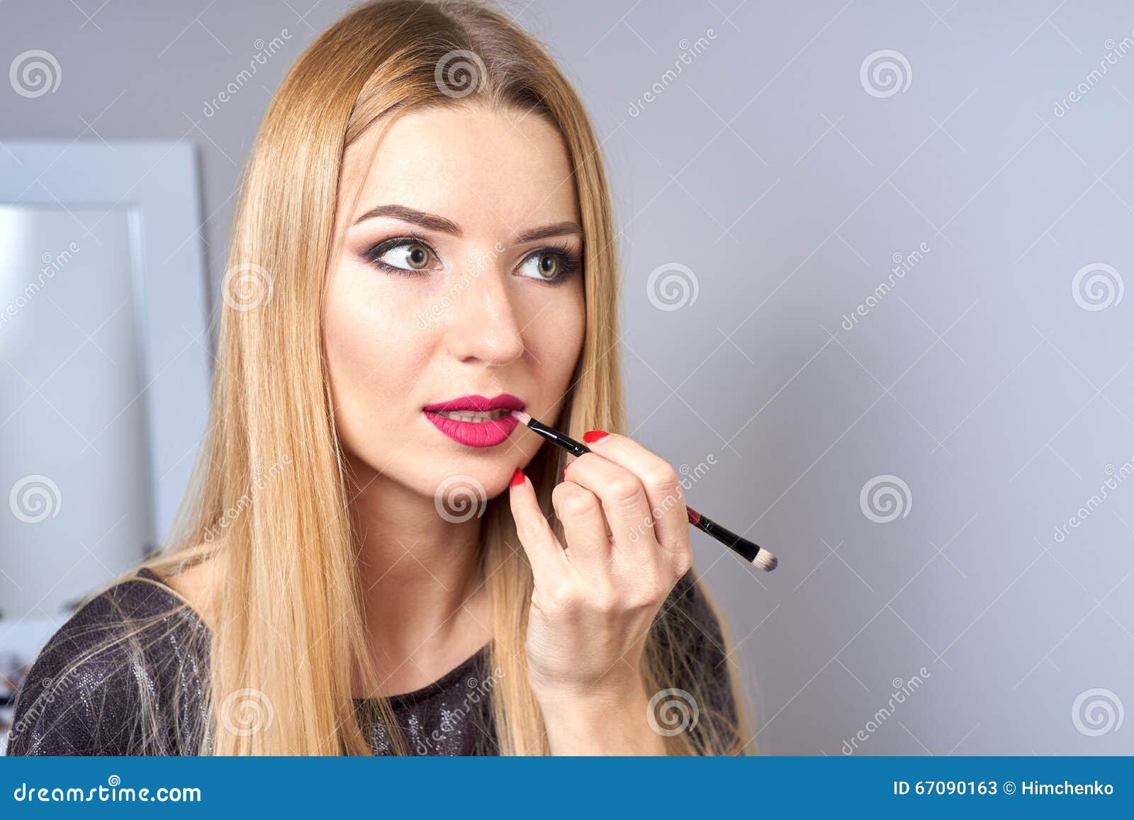 Reflection of Young Beautiful Woman Applying Her Make-up Stock Image ...