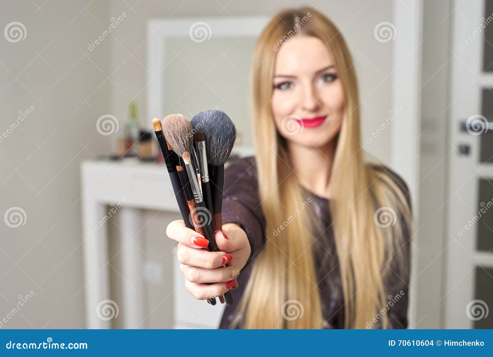 Reflection of Young Beautiful Woman Applying Her Make-up Stock Photo ...