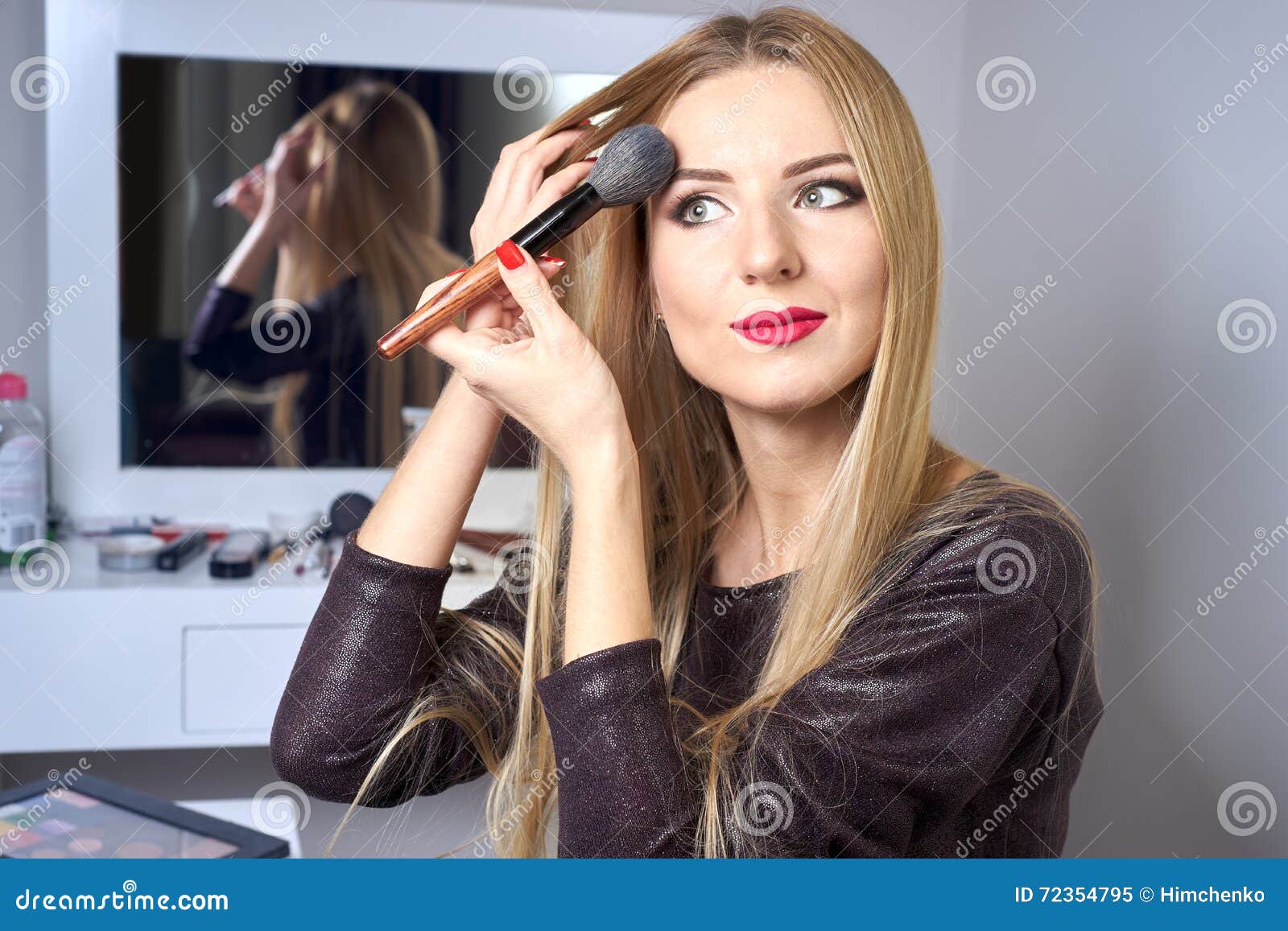 Reflection of Young Beautiful Woman Applying Her Make-up Stock Image ...
