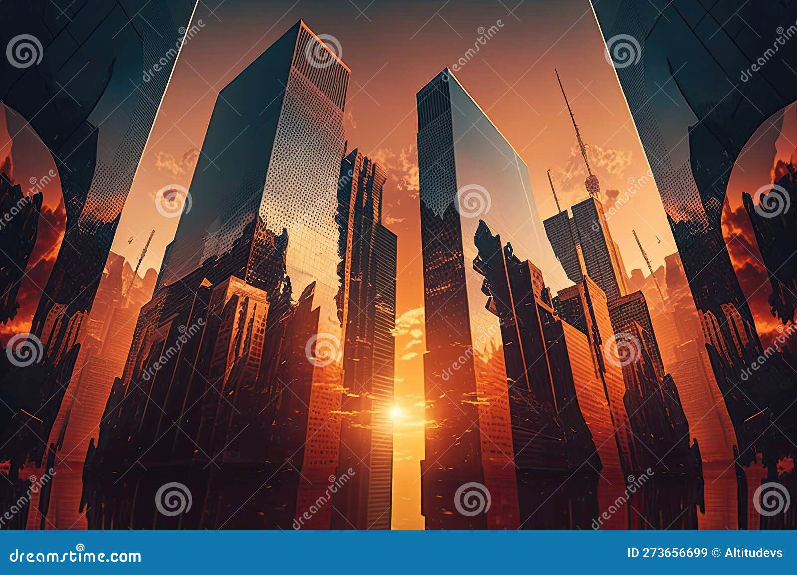 Reflections of Towering Skyscrapers, with the Sun Setting Over the ...