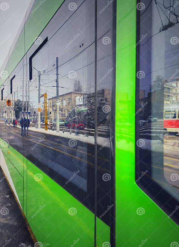 Reflections on a Tram Windows Stock Photo - Image of technology ...