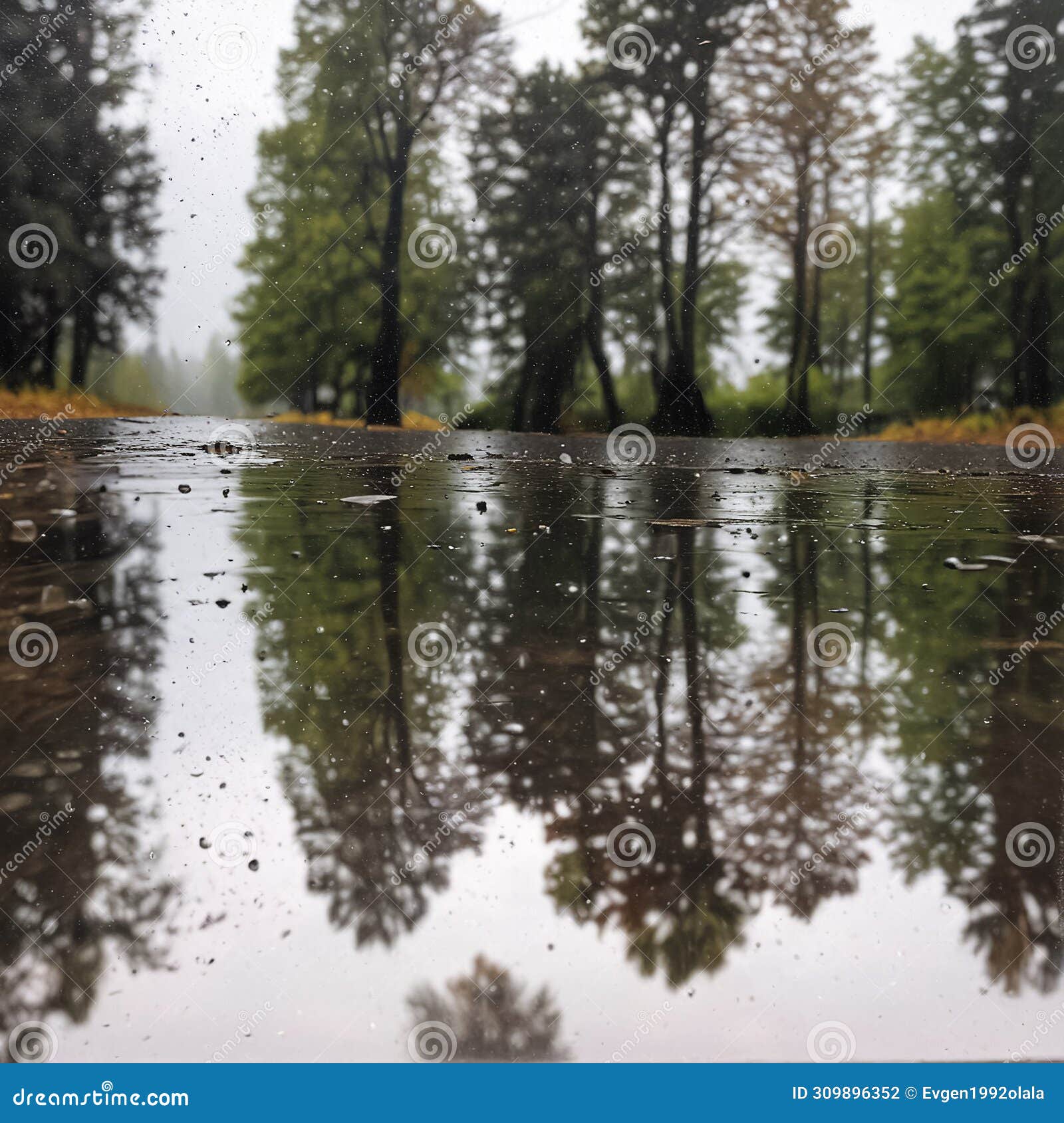 Reflections of Trees in a Puddle in Rainy Weather. Generative AI Stock ...