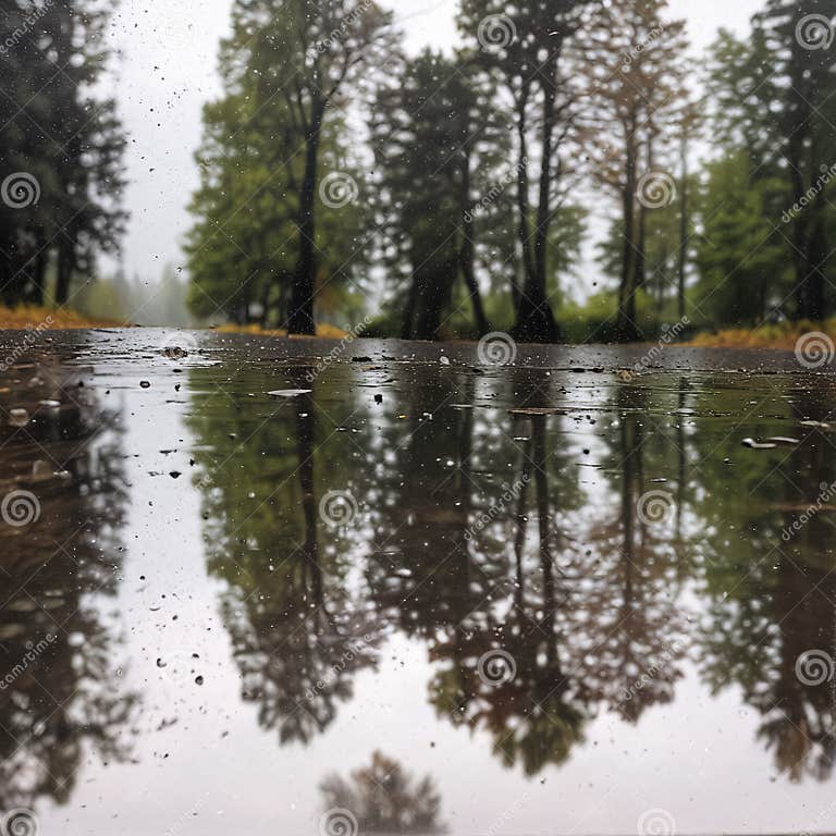Reflections of Trees in a Puddle in Rainy Weather. Generative AI Stock ...