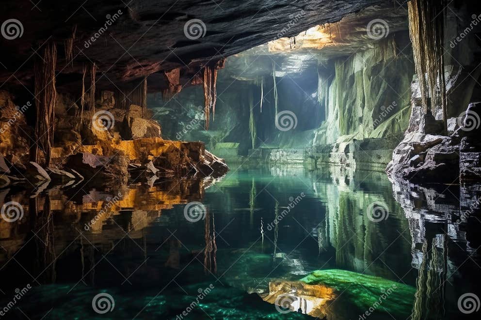 Reflections on Water Surface in Submerged Cave Stock Illustration ...