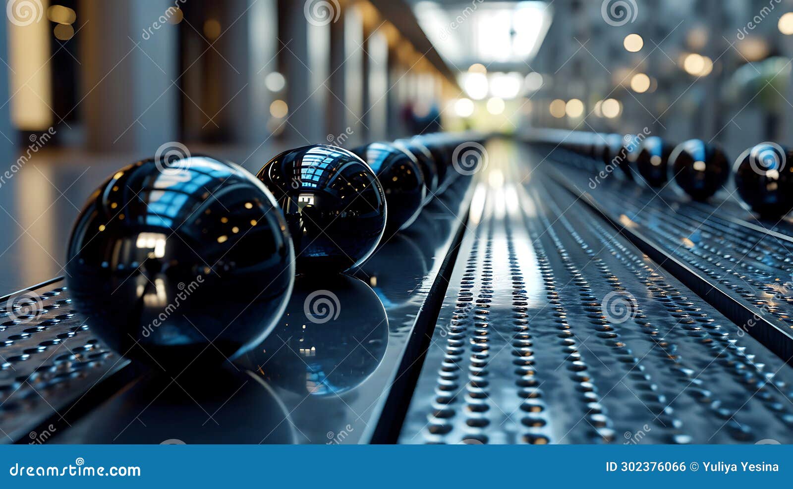 Reflective Black Spheres in a Row on a Perforated Metal Surface Stock ...