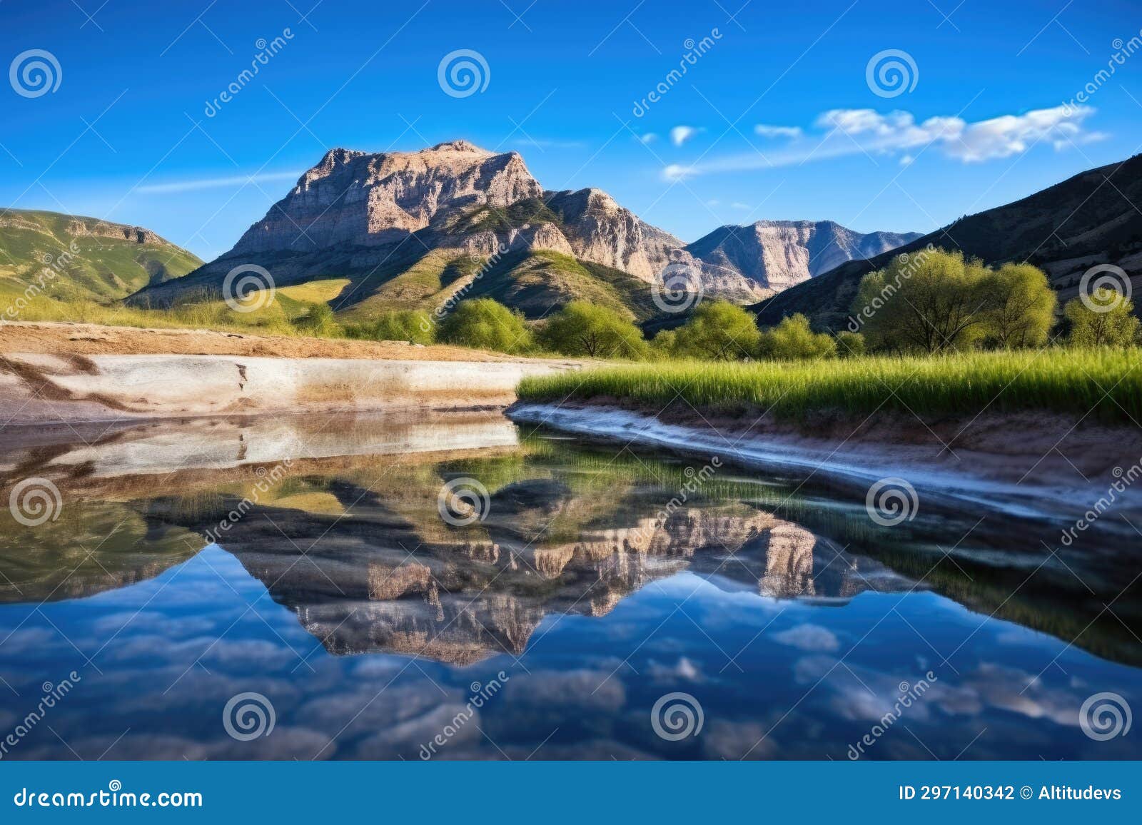 Reflective Hot Spring Surface with Mountain Reflection Stock Photo ...