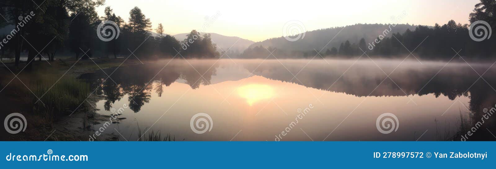 Reflective Lake with a Hazy Sunrise in the Background. Banner for Web ...