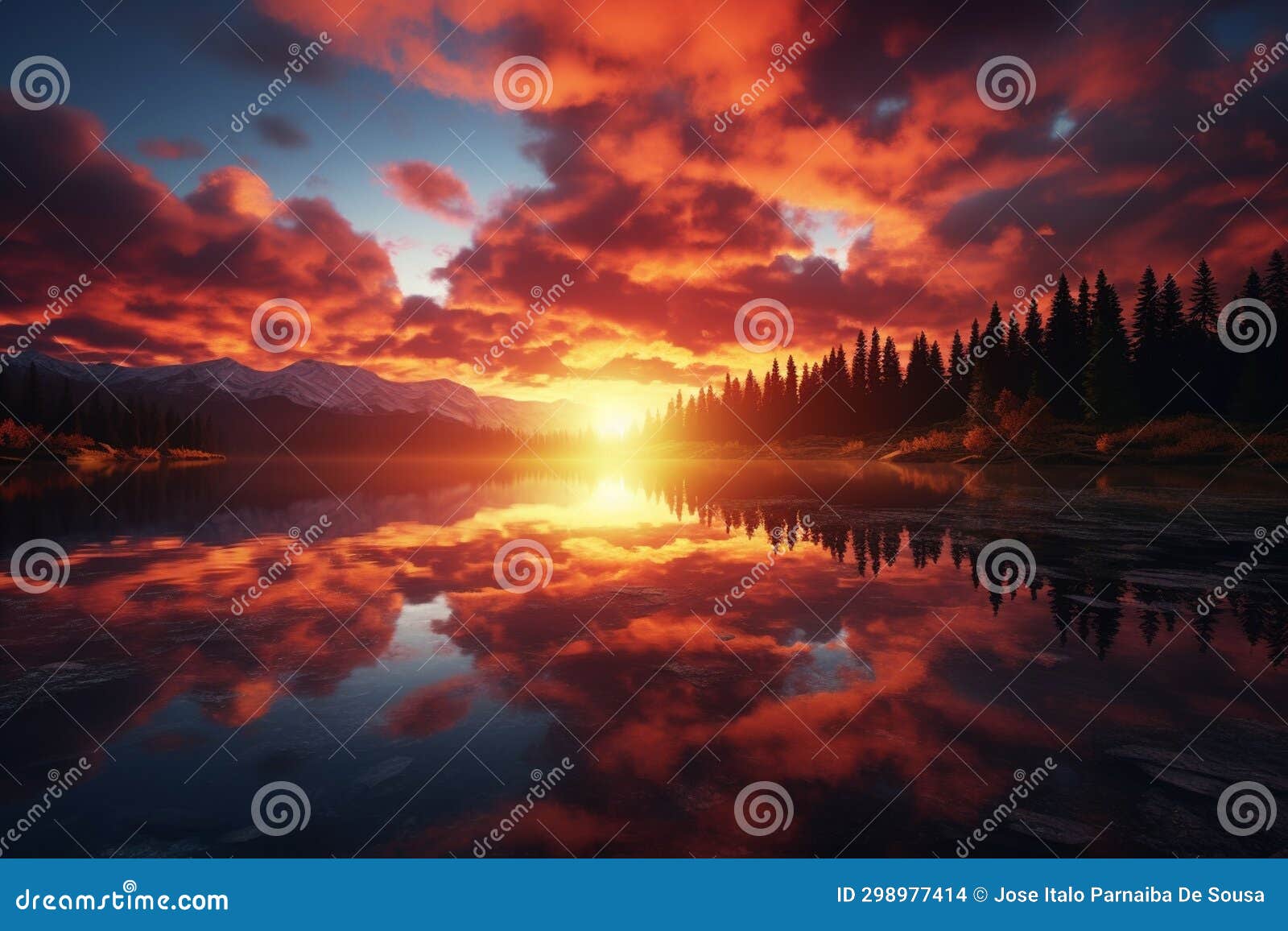 Fiery Hues Of An Autumnal Forest Lining A Meandering River, Awash In ...