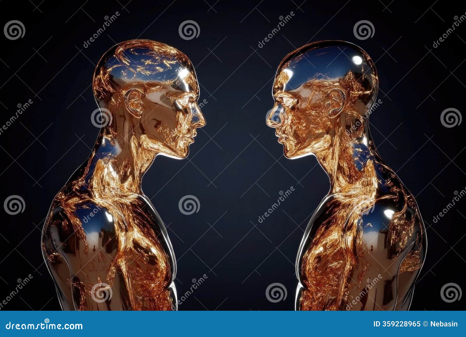 Reflective Metallic Human Figures Facing Each Other in Artistic ...