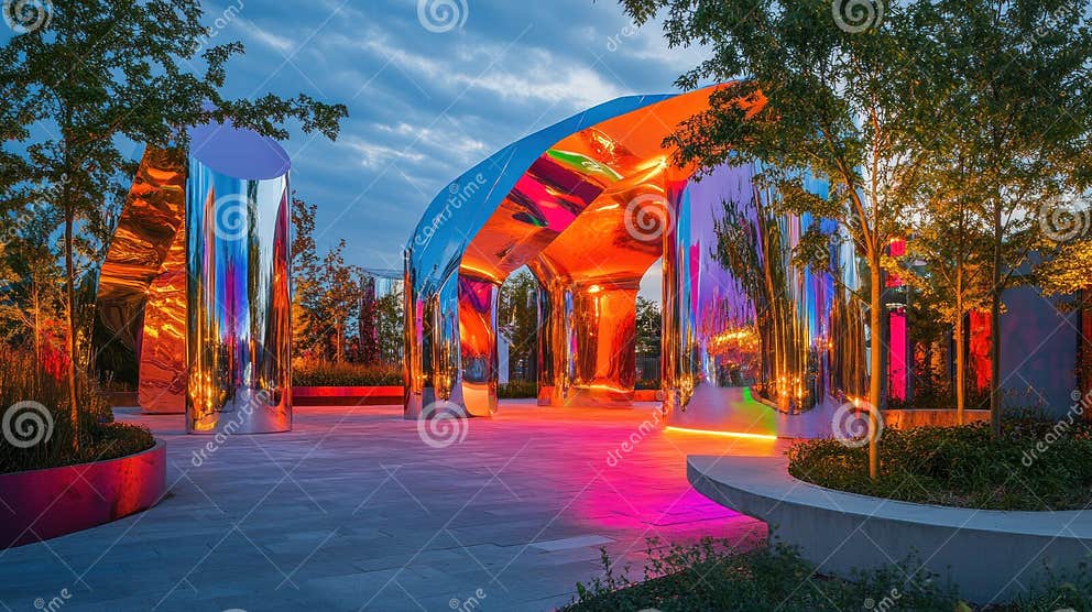 Reflective Modern Structure in a Vibrant Park Stock Illustration ...