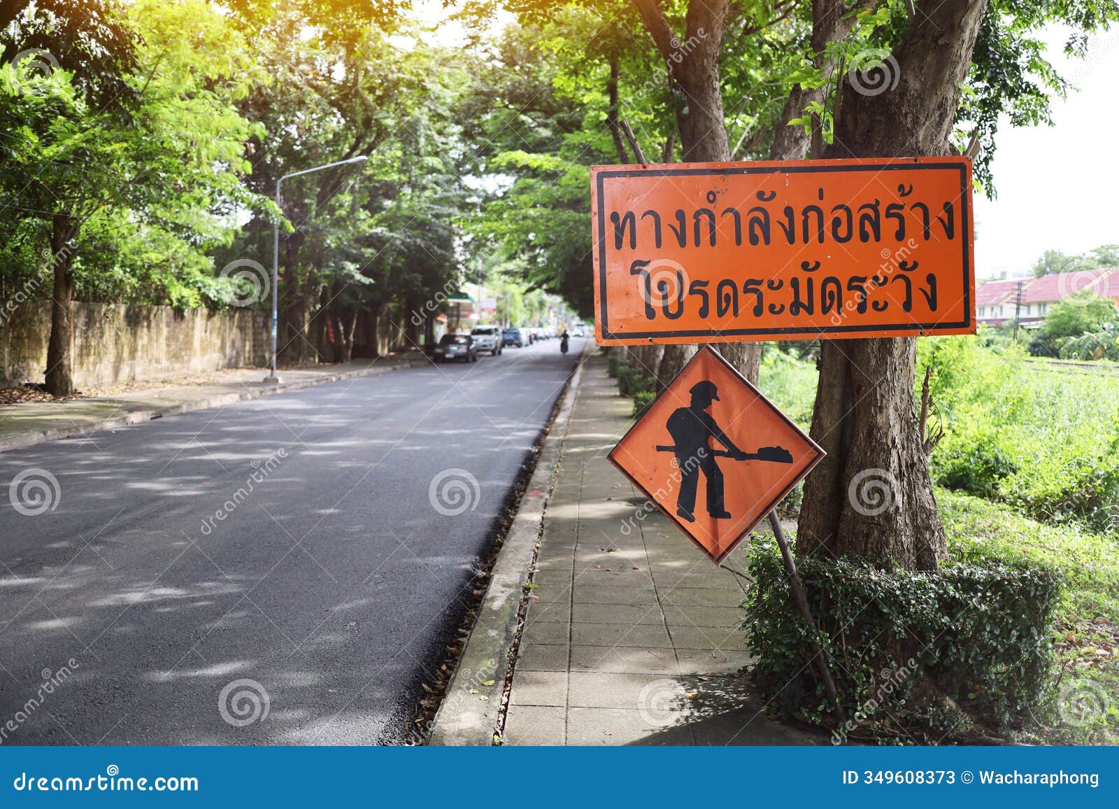 Reflective Orange Construction Warning Signs with Thai Text Stock Image ...