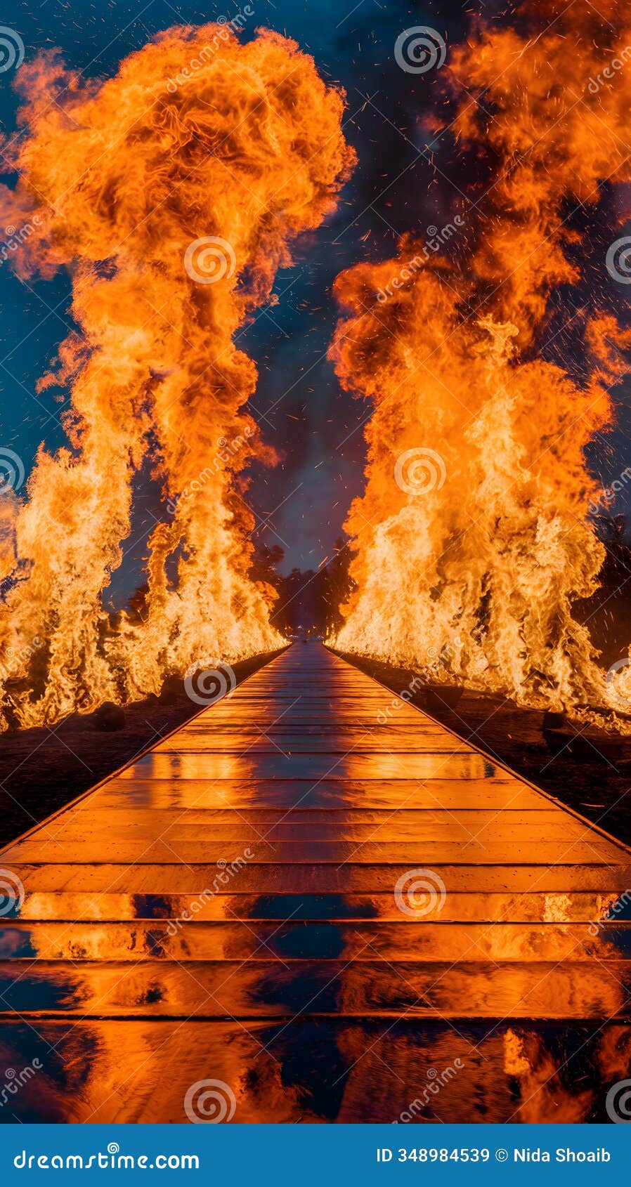 Reflective Path Flanked by Flames Stretches Dynamically Toward Glowing ...