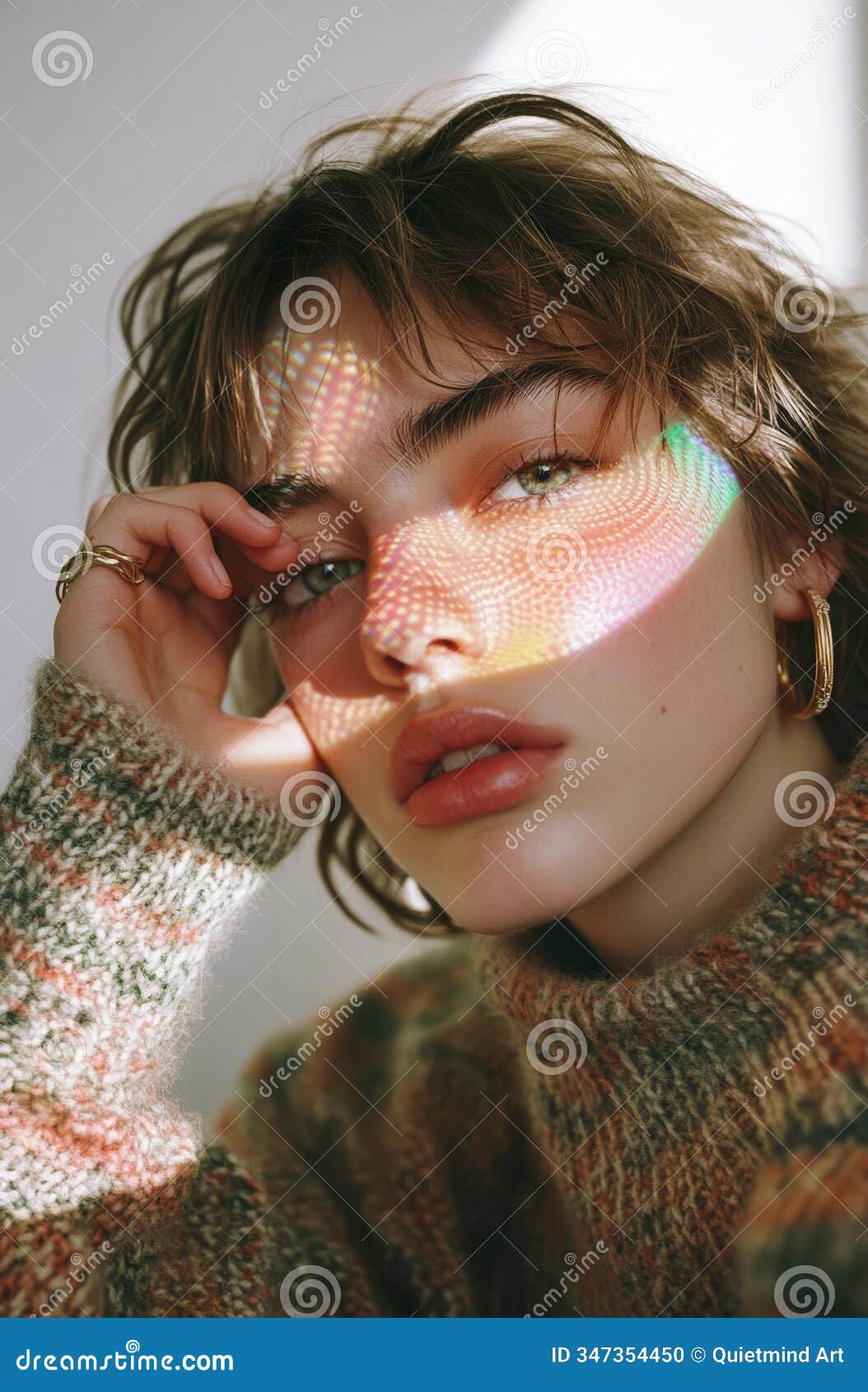 Reflective Pattern on Young Caucasian Female Face with Colorful Light ...