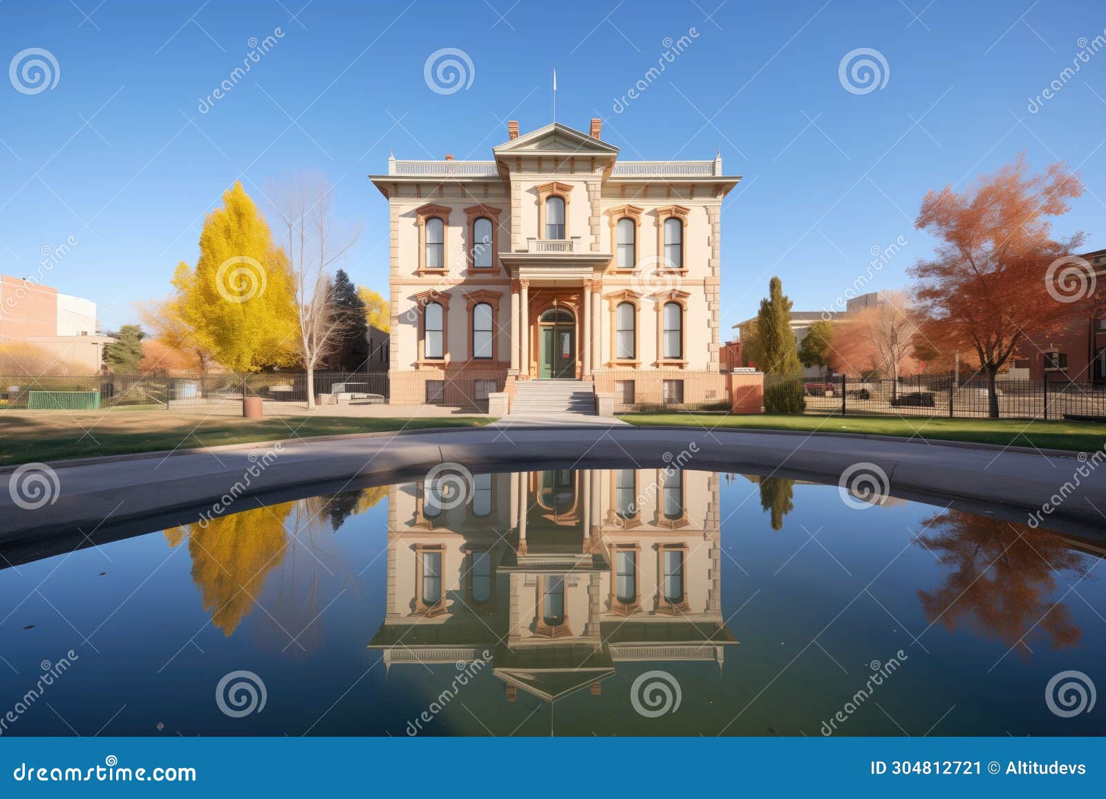 Reflective Pond in Front of Italianate Building with Belvedere Stock ...