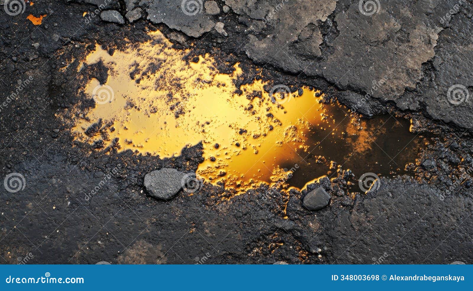 Reflective Puddle on Asphalt with Golden Hues and Textured Pavement ...