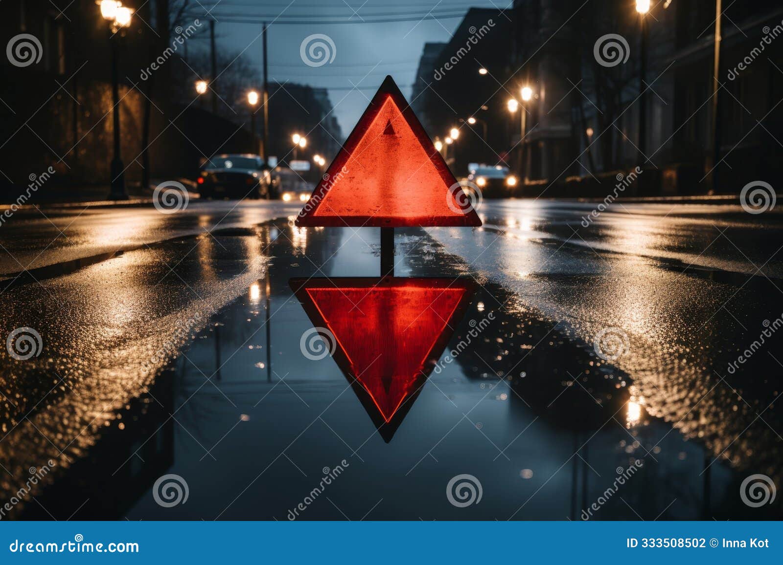Reflective Red Emergency Triangle Illuminated By Rain At Night ...