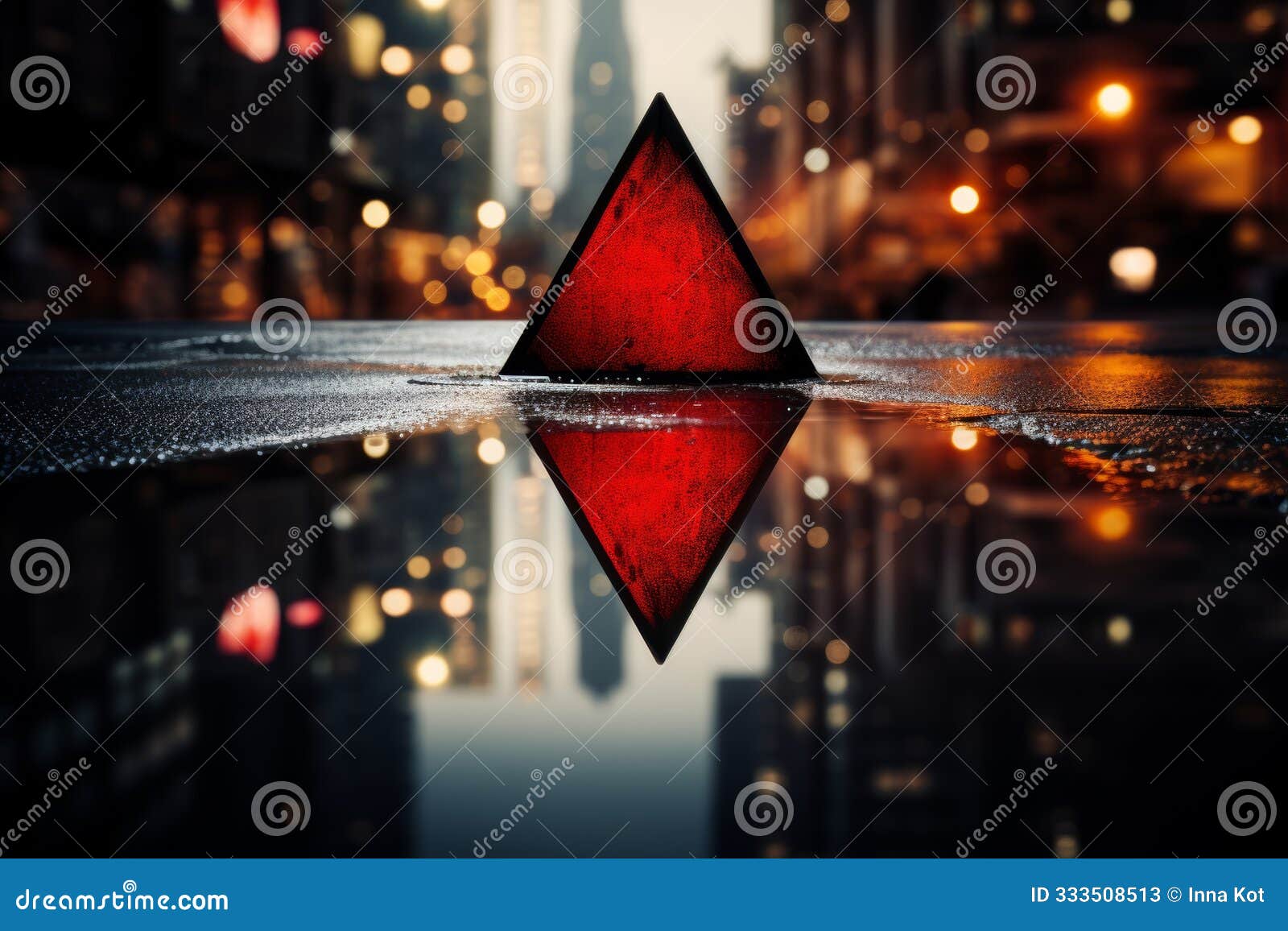 Reflective Red Emergency Triangle Illuminated by Rain at Nighttime ...