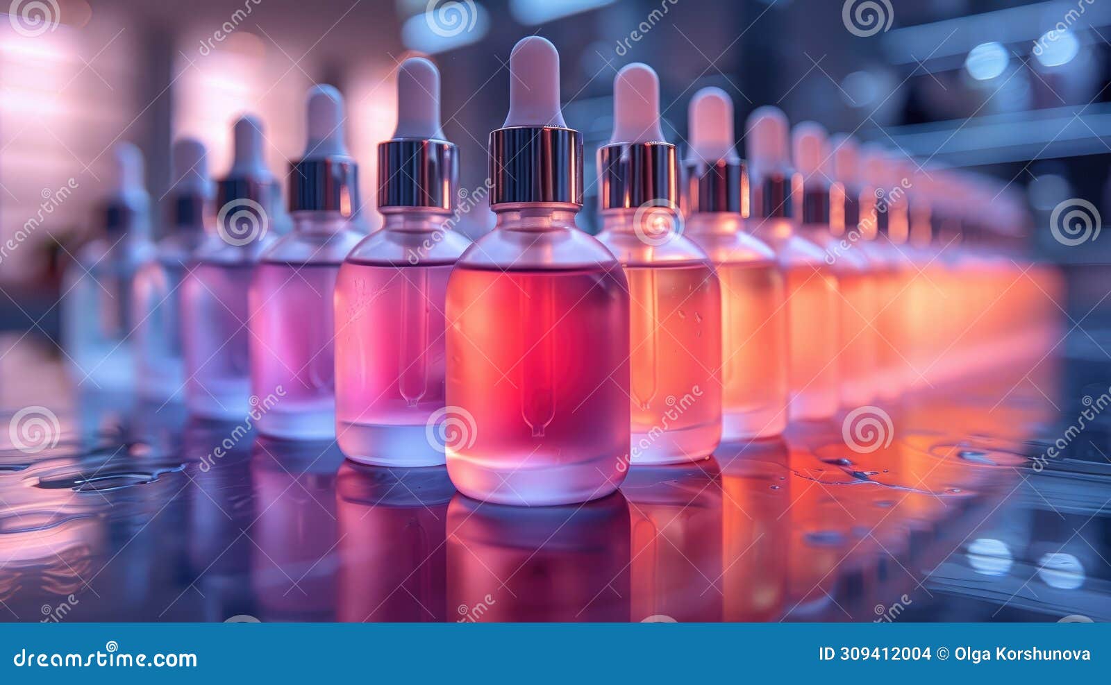 Array of Dropper Bottles on Reflective Surface with Cool Tone Gradient ...