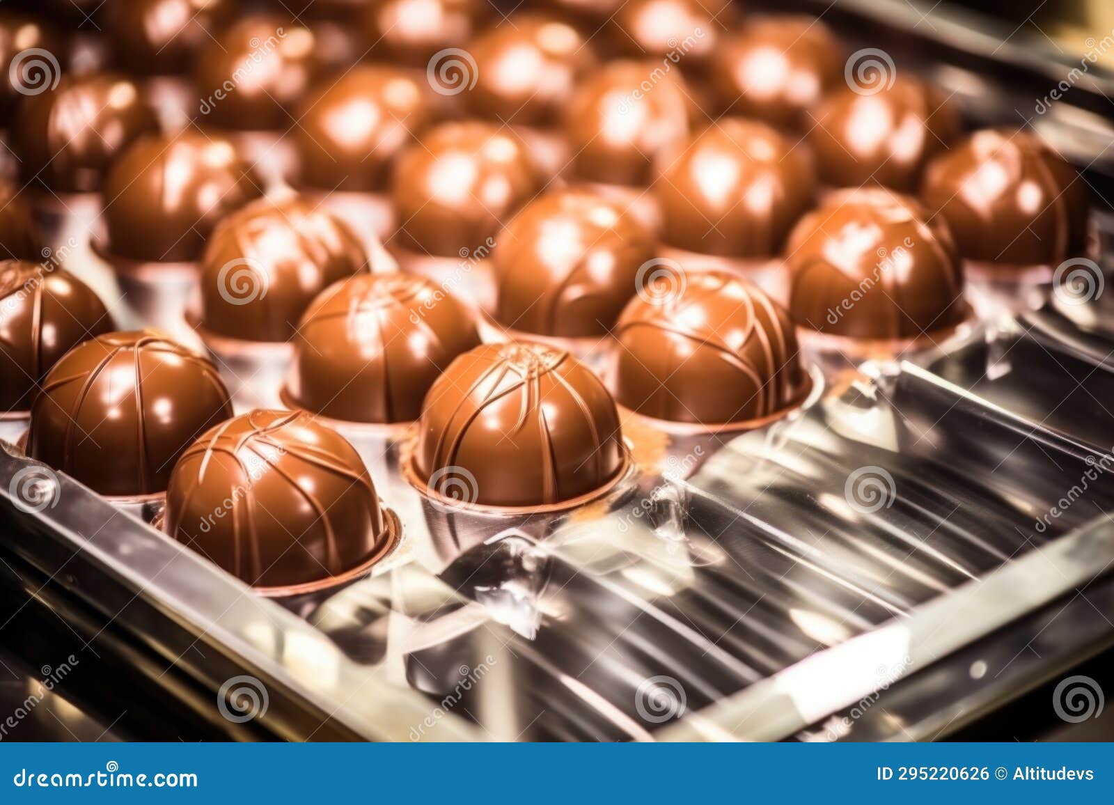Reflective Shot of Shiny Chocolate in Steel Molds Stock Photo - Image ...