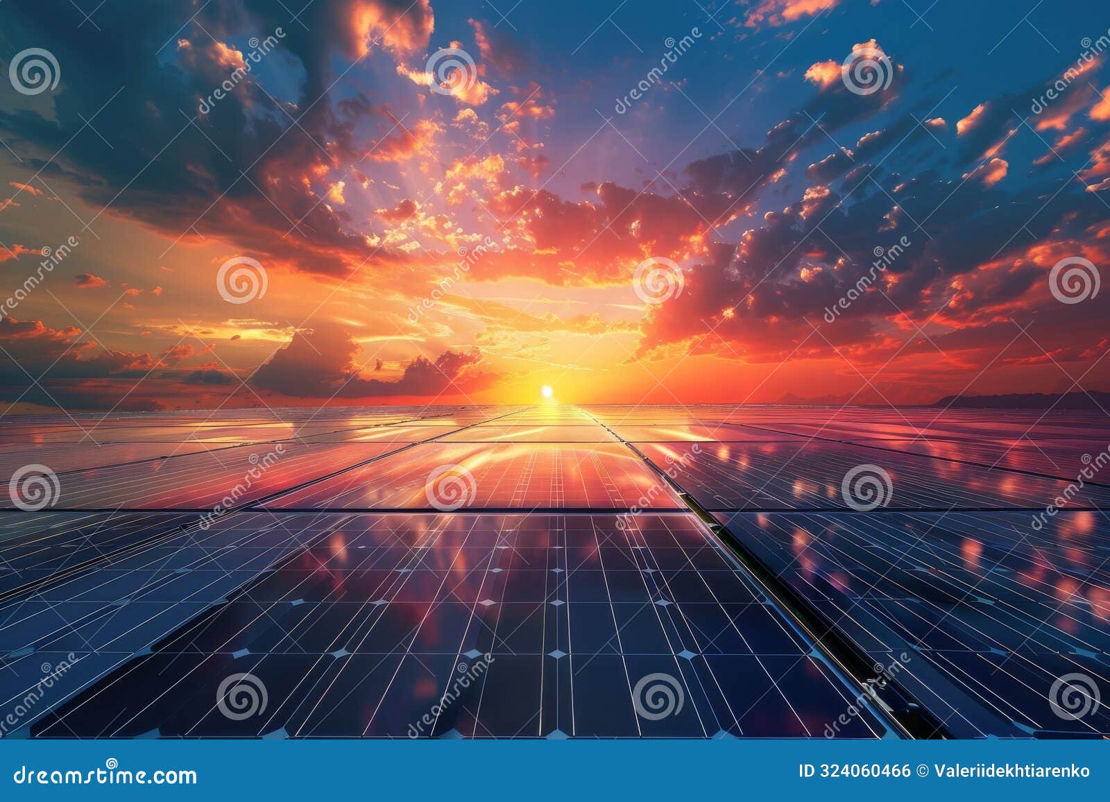 Reflective Solar Panel Field at Sunrise, Enhanced by Dramatic Clouds ...