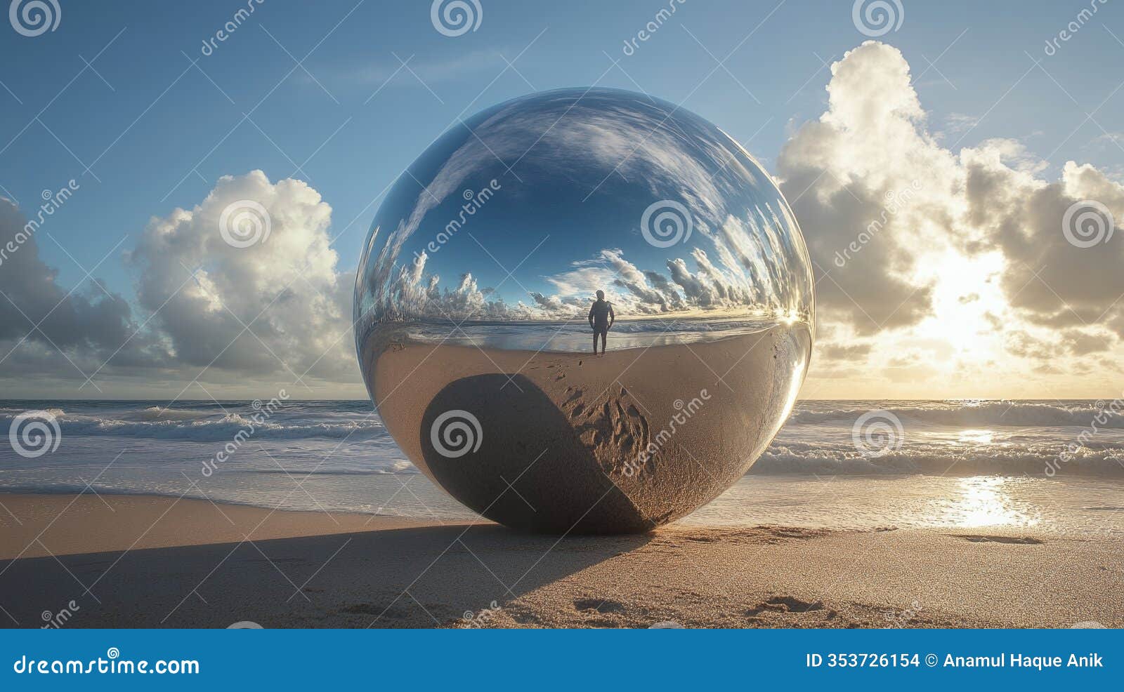 Reflective Sphere on Sandy Beach at Sunset Ocean View Person Silhouette ...