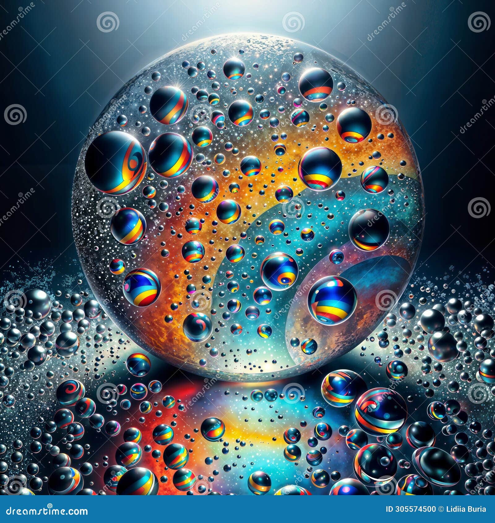 A Reflective Sphere with a Vibrant Rainbow Pattern, Surrounded by Water ...