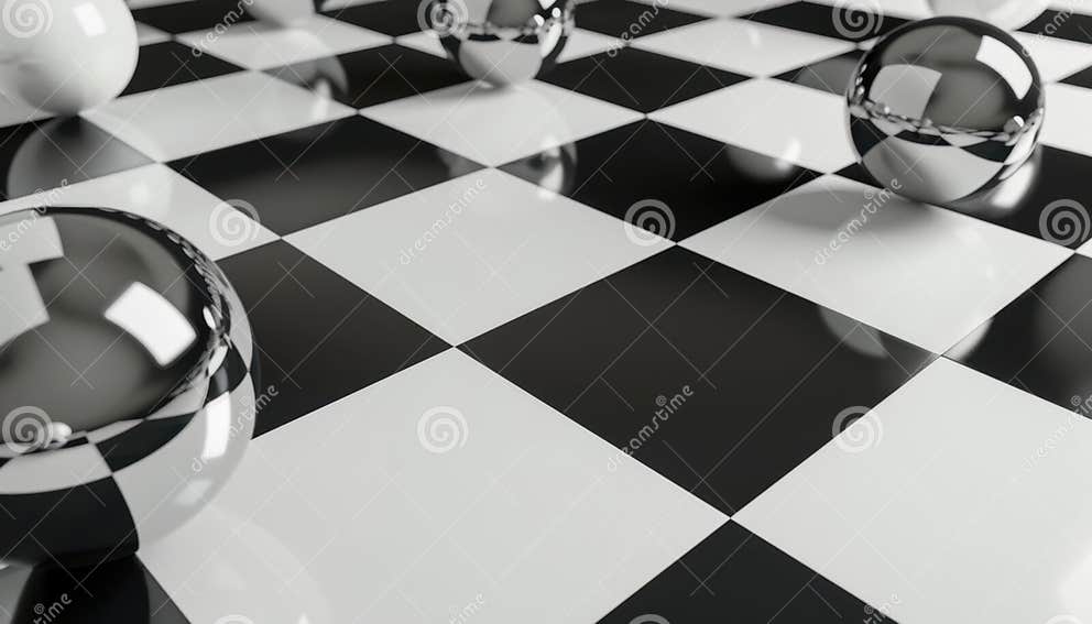 Reflective Spheres on a Black and White Checkerboard Pattern in a ...