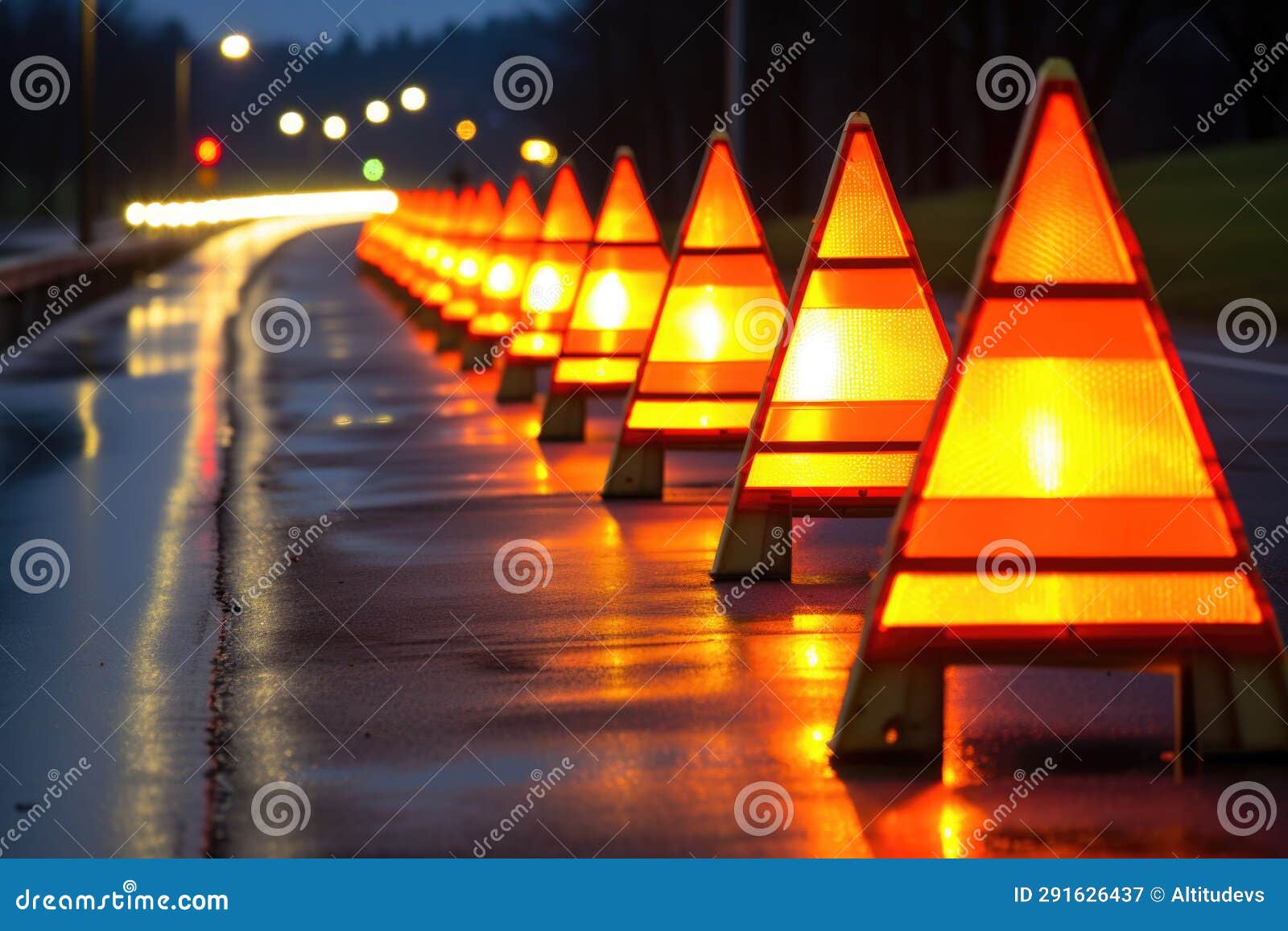 Reflective Traffic Triangles on Roadside Stock Image - Image of ...
