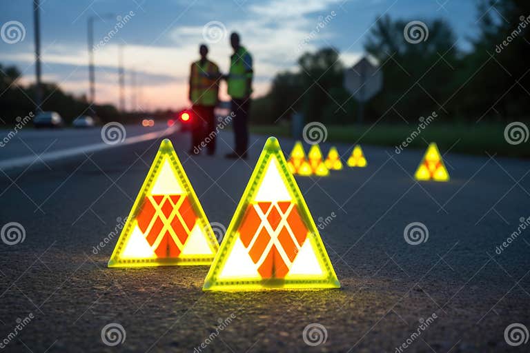 Reflective Traffic Triangles on Roadside Stock Image - Image of ...