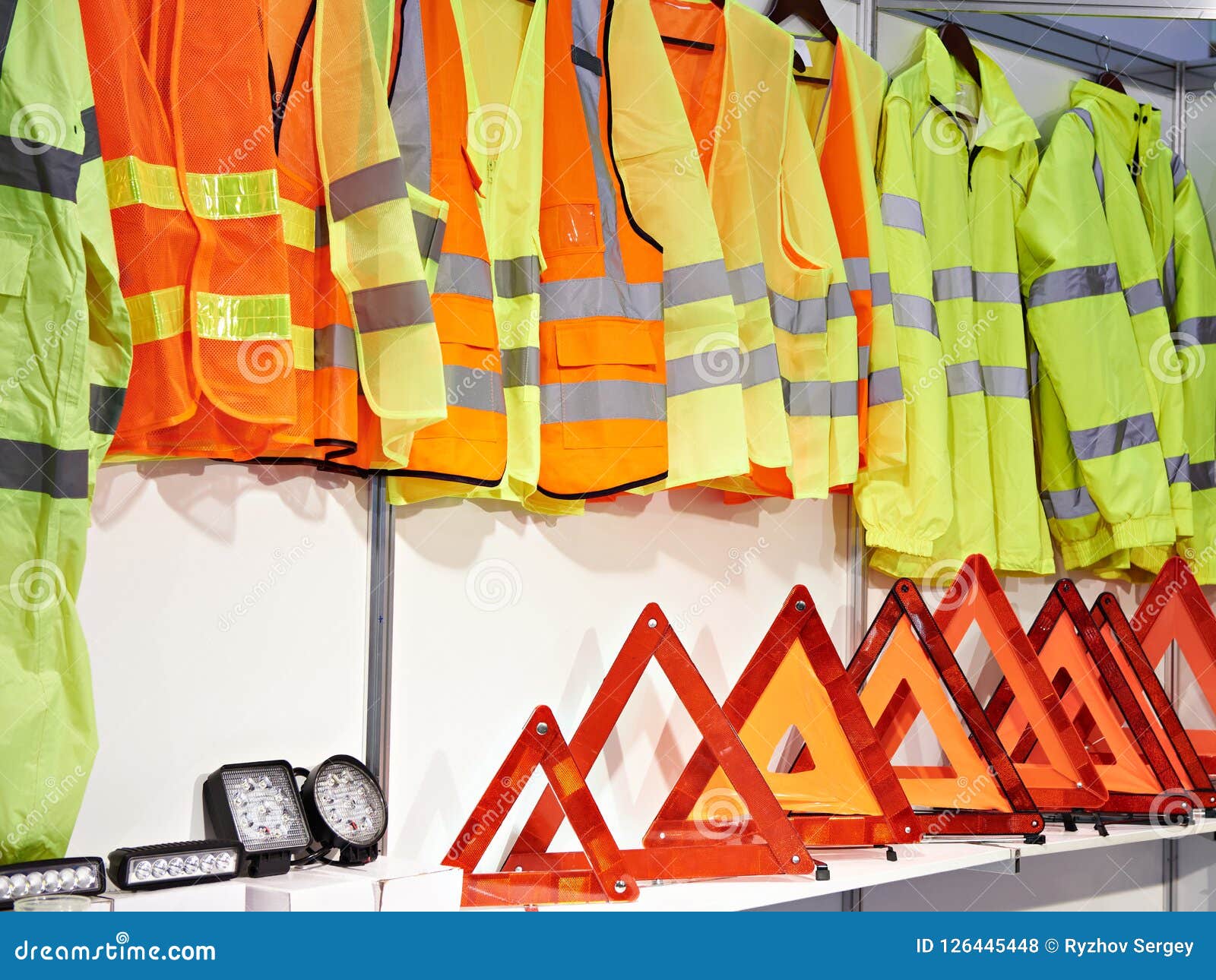 Reflective Vests and Plastic Red Emergency Sign for Car Stock Photo ...