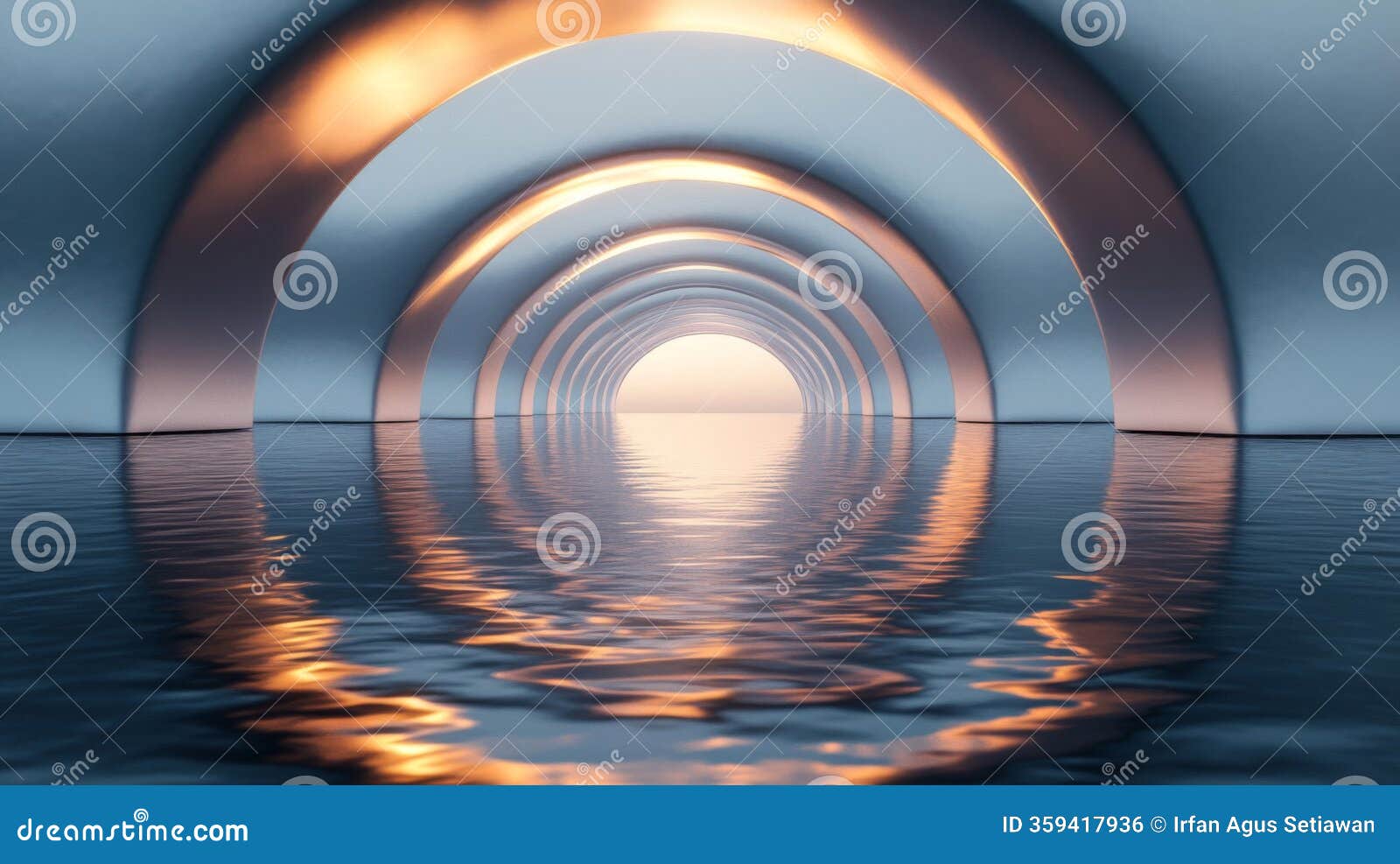 Reflective Water Pathway through Golden Arches at Sunrise Stock ...