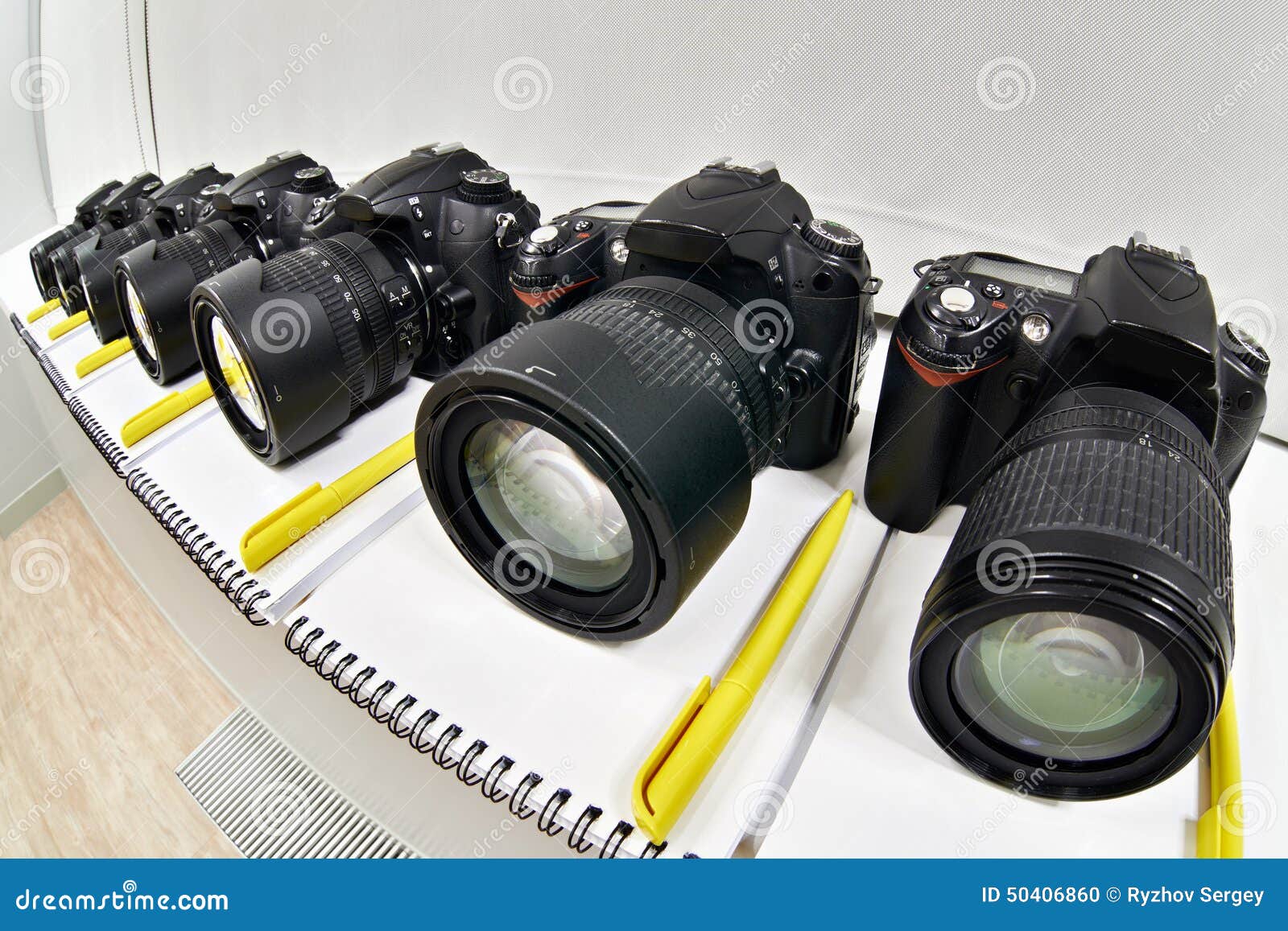 Reflex Digital Cameras with Notepad in Photoschool Close-up Stock Photo ...