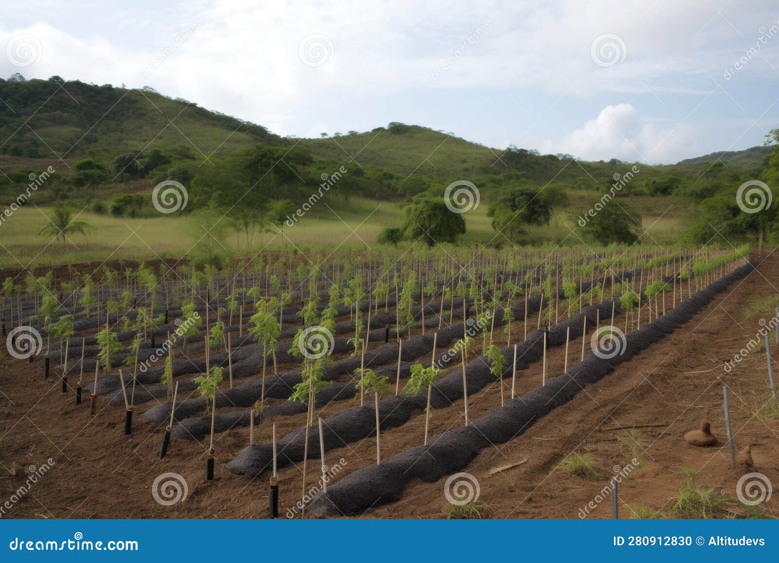 Reforestation Project Near Community, with Rows of Newly Planted Trees ...