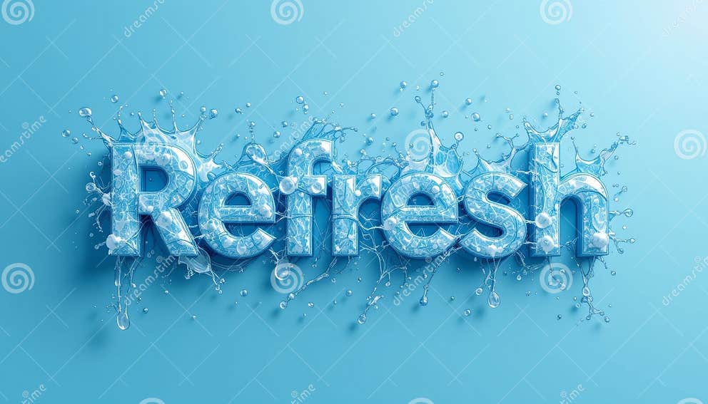 "Refresh" Text Glowing with Water Splash Effect on Blue Background ...