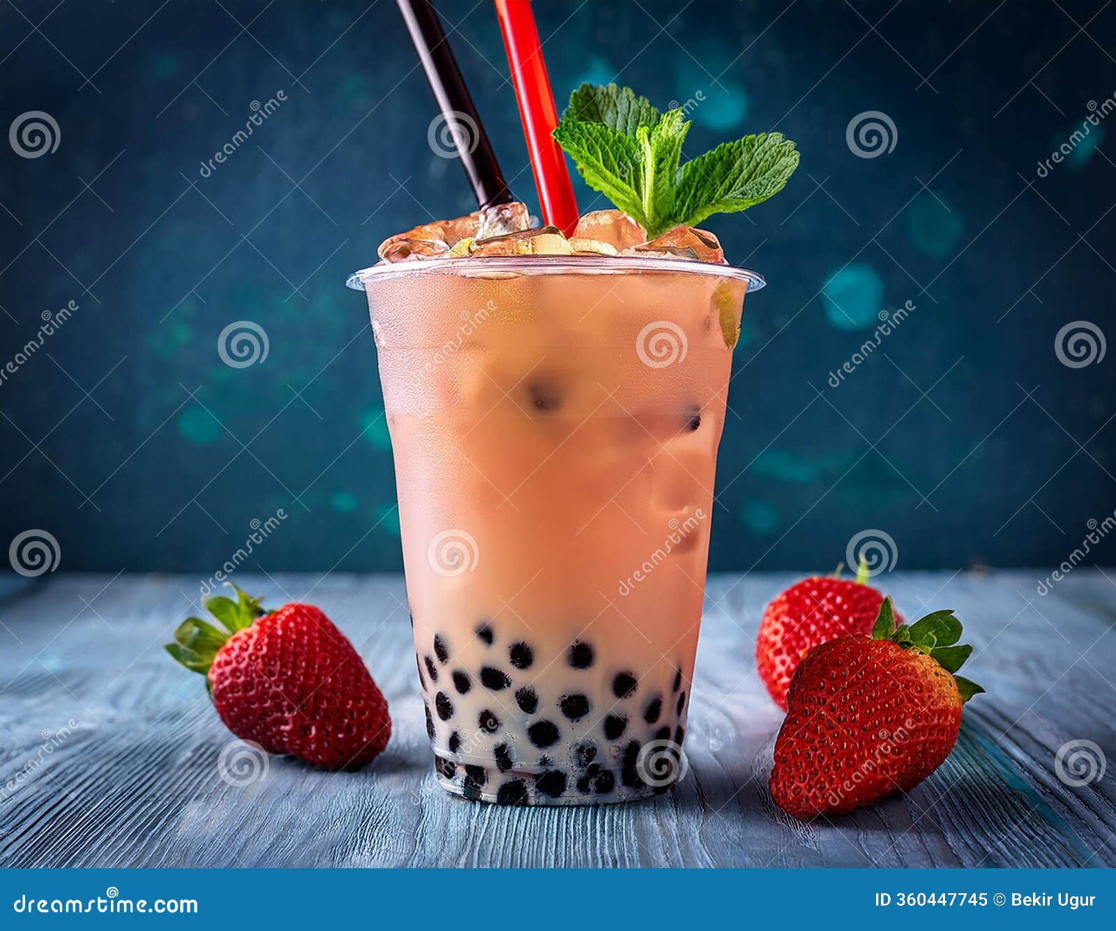 Refreshing Bubble Tea Mojito with Strawberry and Boba. Stock ...