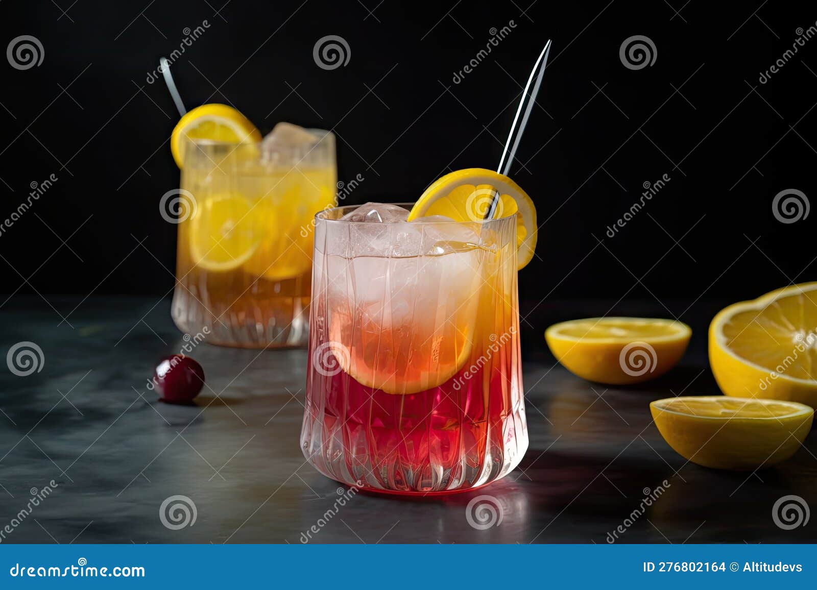 Refreshing Cocktail with Ice Cubes, Fruit Slices, and Delicate Drizzle ...