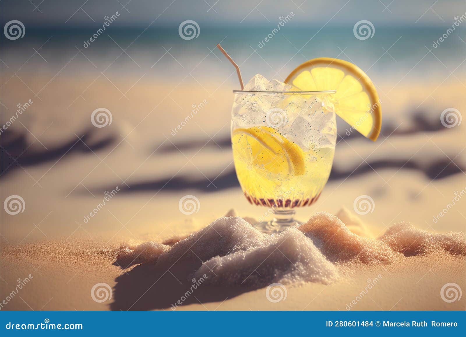 Refreshing Cocktail with Lemon Slice on the Sand at the Beach ...