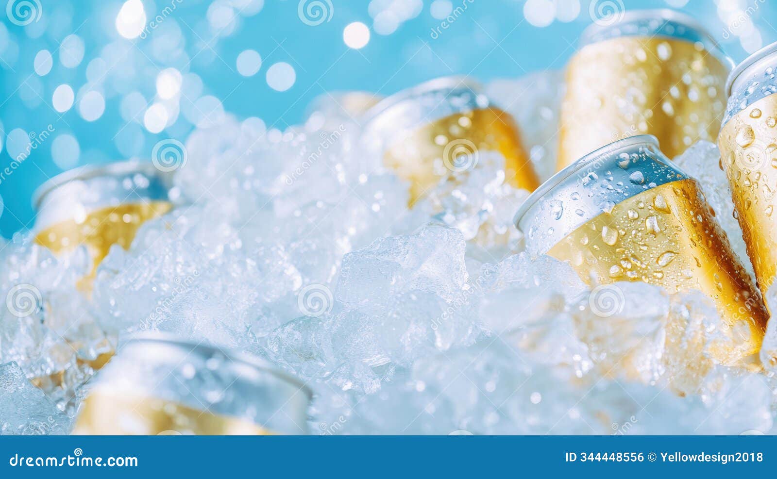 Refreshing Cold Drinks in Ice with Summer Bubbles and Golden Cans Stock ...