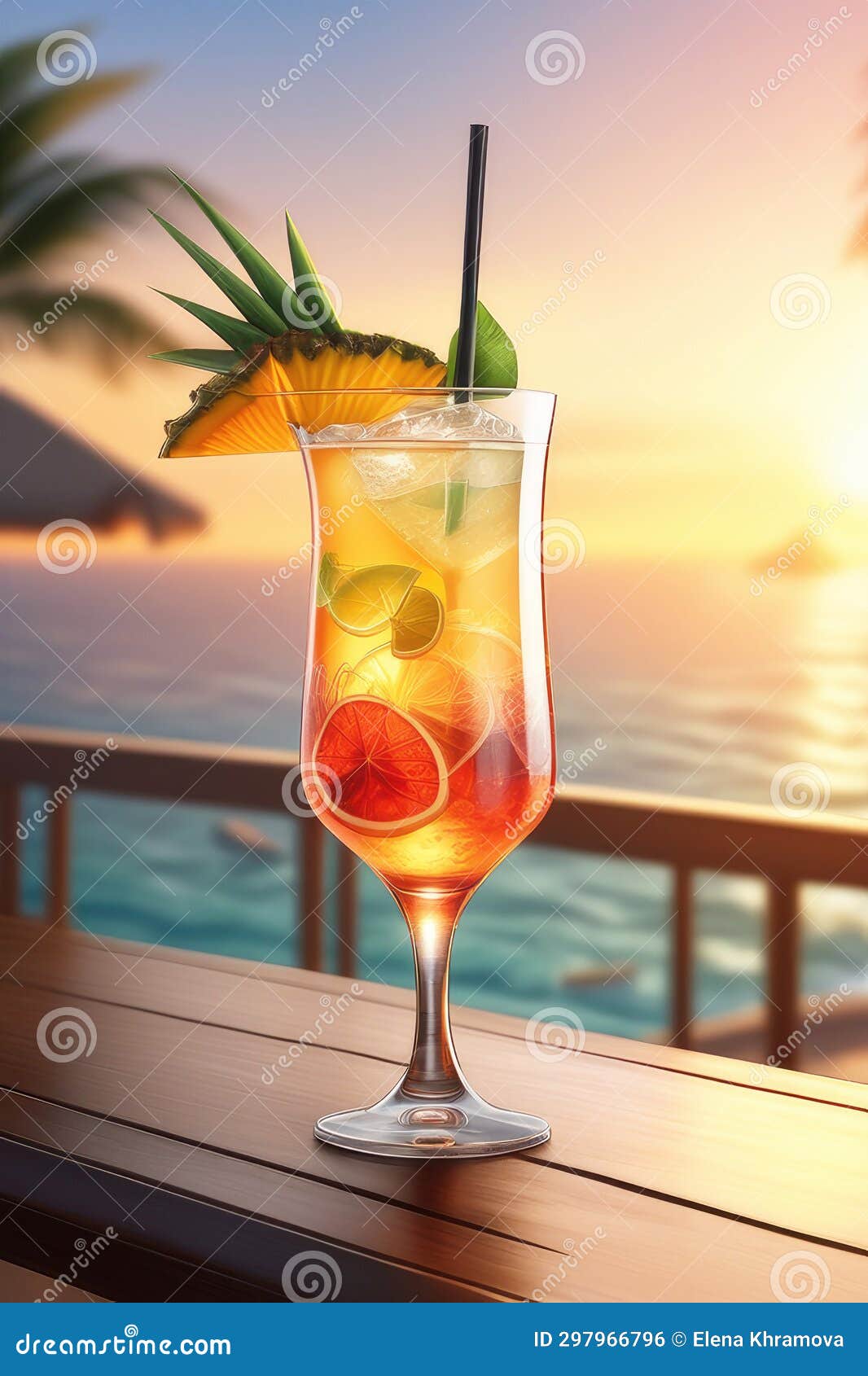 Refreshing Exotic Fruit Tropical Cocktail On Beach Resort At Sunset