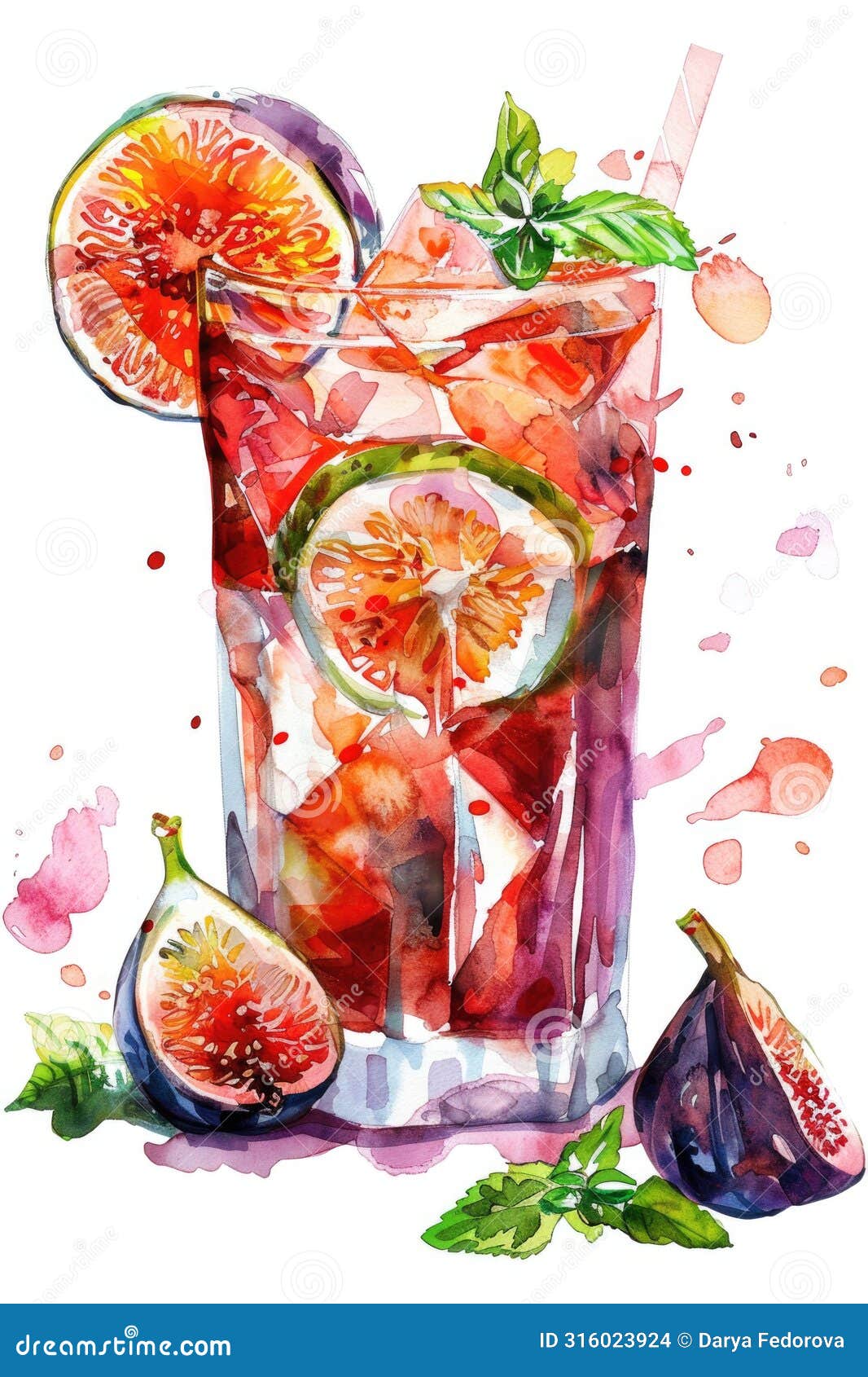 Refreshing Fig and Mint Iced Tea Watercolor Illustration Stock Photo ...