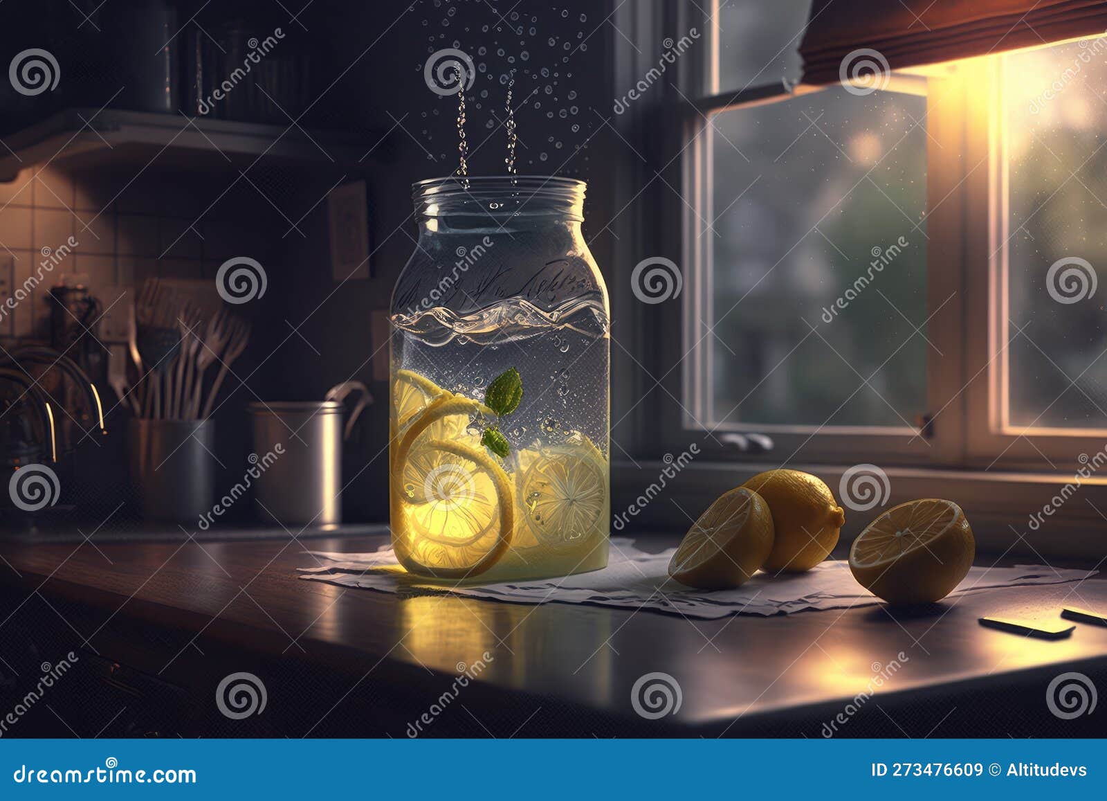 Refreshing Glass of Lemonade on the Kitchen Counter at Night Stock ...