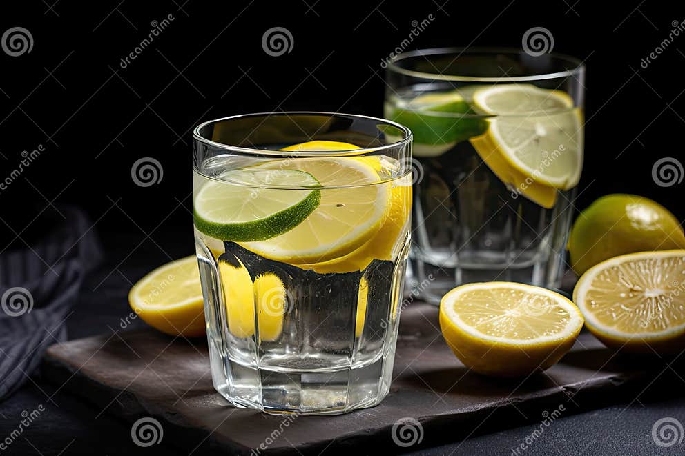 Refreshing Glass Of Water With Slice Of Lemon And Lime Stock