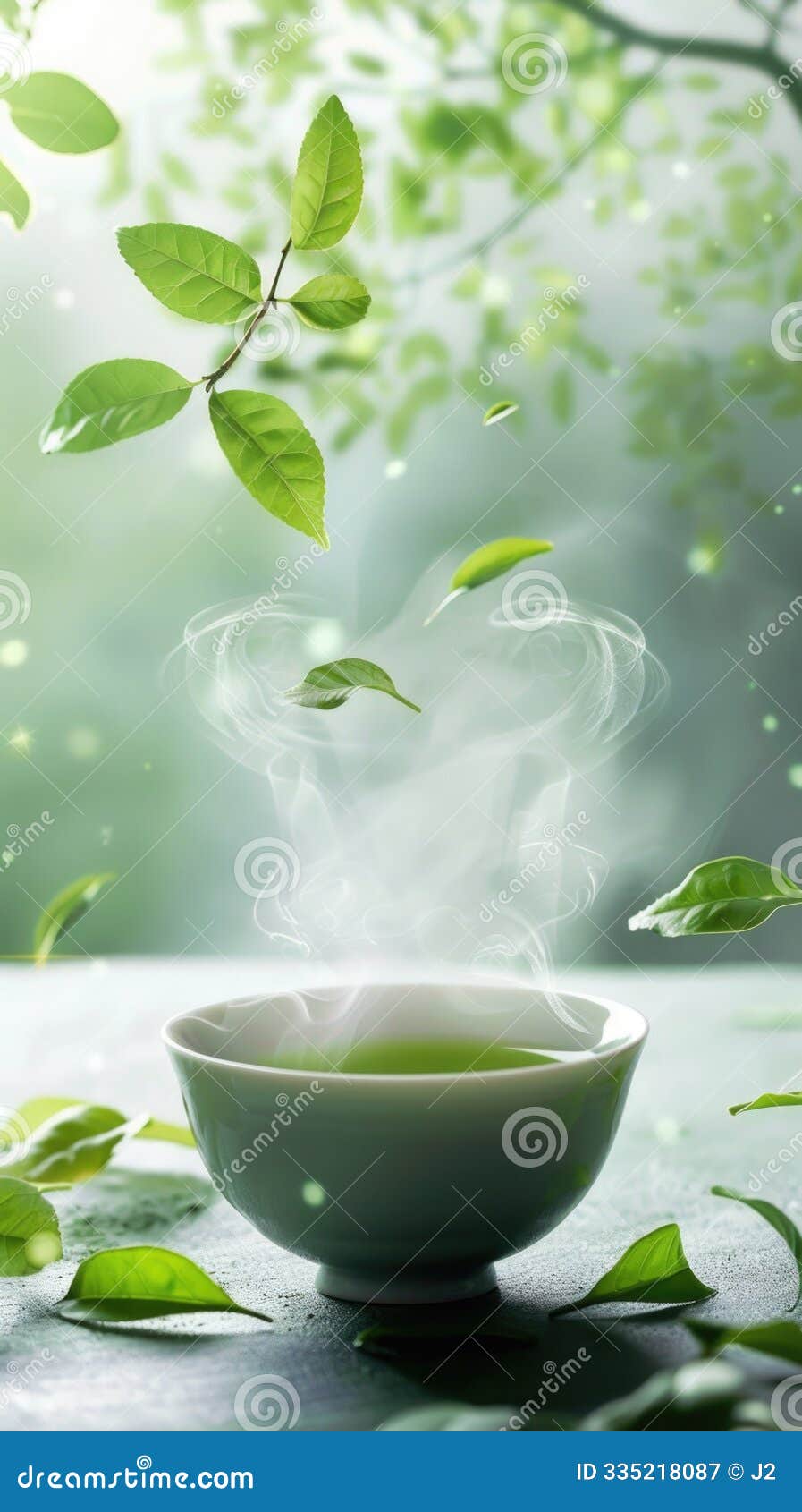 Refreshing Green Tea Experience with Floating Leaves and Invigorating ...