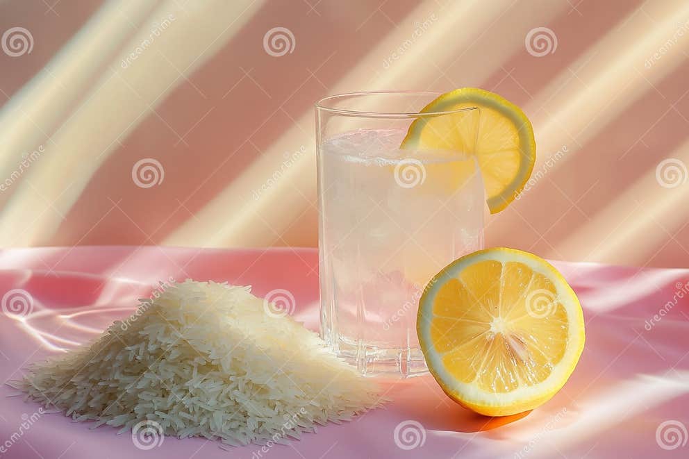 Refreshing Horchata Lemonade with Ice and Rice on Pink Surface. Stock ...