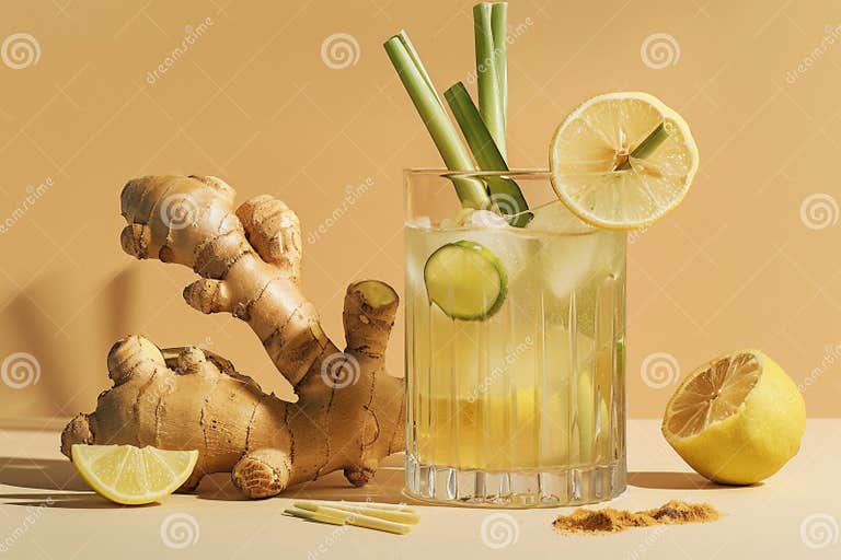 Refreshing Lemon Ginger Drink with Fresh Ingredients on a Warm Backdrop ...