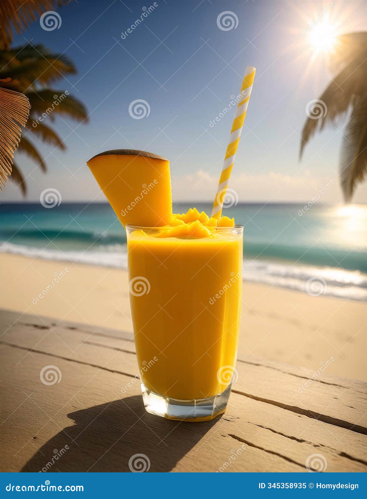 A Refreshing Mango Smoothie on a Beachside Table with a Palm Tree and ...