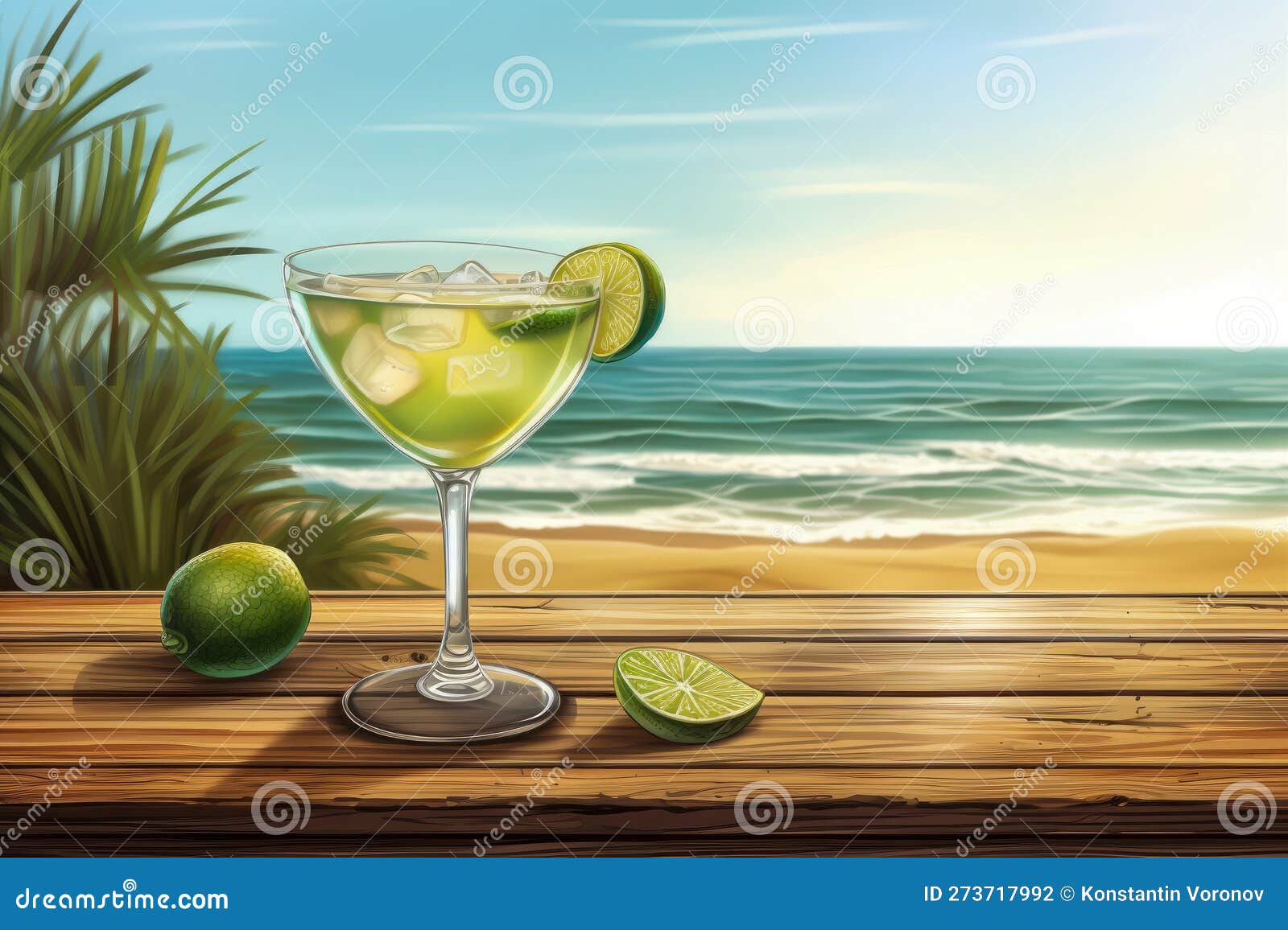 Refreshing Margarita Cocktail On Wooden Table At Beachside With Scenic