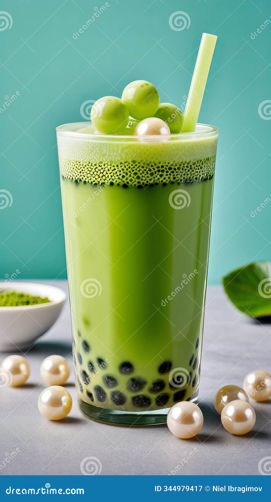 Refreshing Matcha Bubble Tea with Tapioca Pearls and Straw Stock Image ...