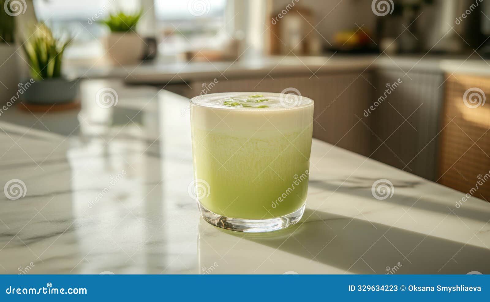 Refreshing Matcha Green Tea Latte on Modern Kitchen Counter Stock Image - Image of light, marble ...